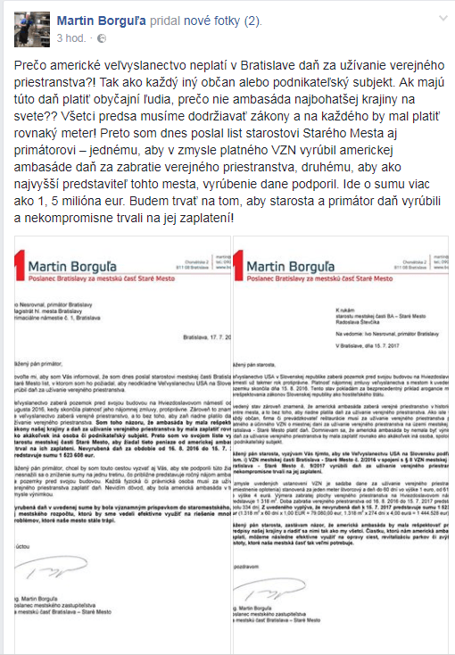 Poslanec Borguľa útočí: Americká ambasáda dlží Bratislave 1,5 milióna ...